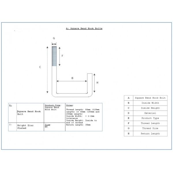 M8 Square Bend Hook Bolt - 40mm Width x 120mm Length